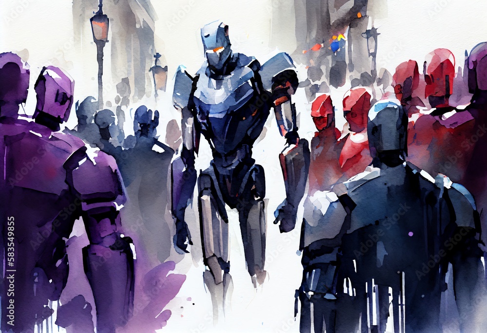 Watercolor Illustration of a Mass Production Of Humanoid Robots, Poster ...