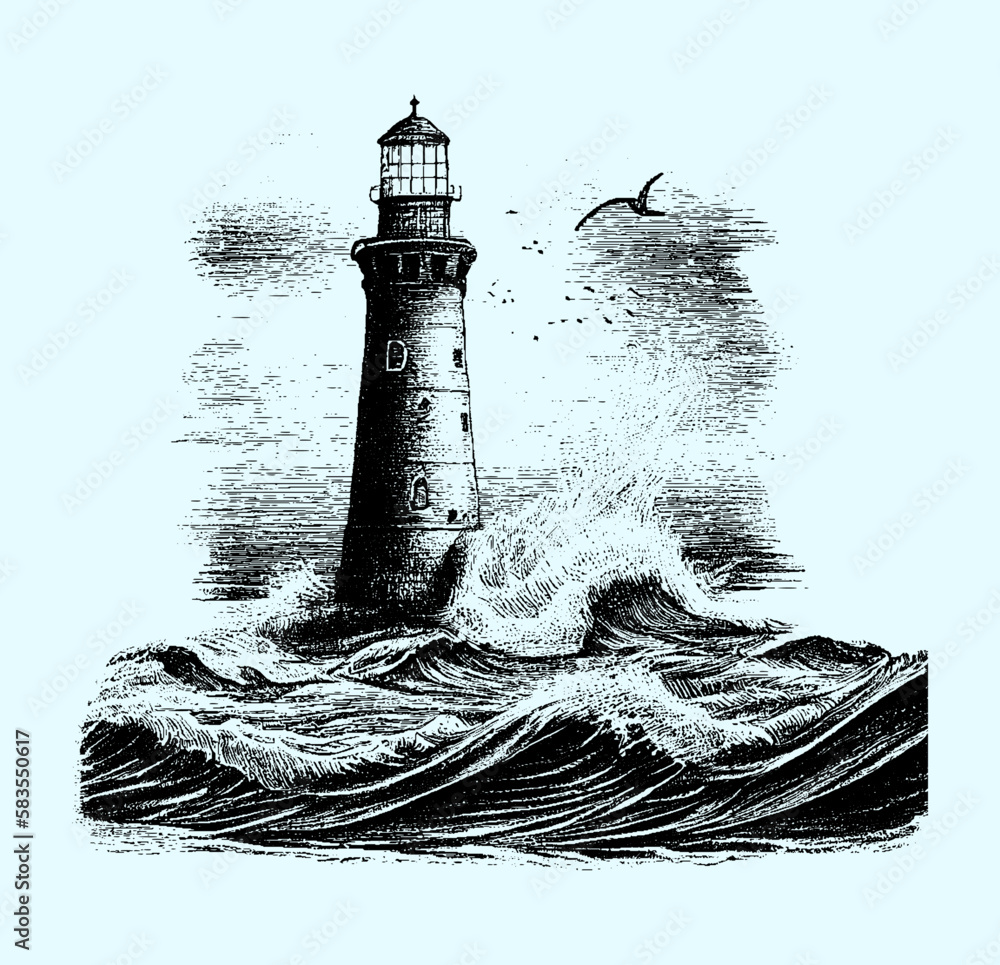 Lighthouse on the edge of the land, waves beat against the lighthouse ...
