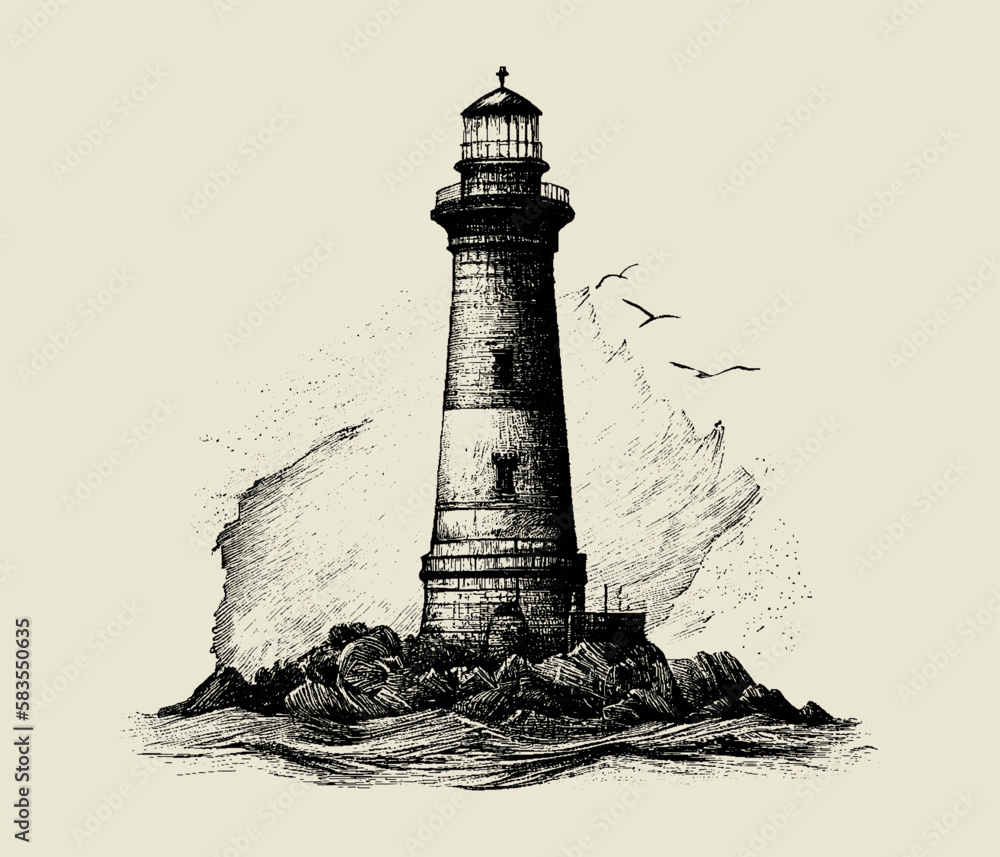 Lighthouse on the edge of the land, waves beat against the lighthouse ...