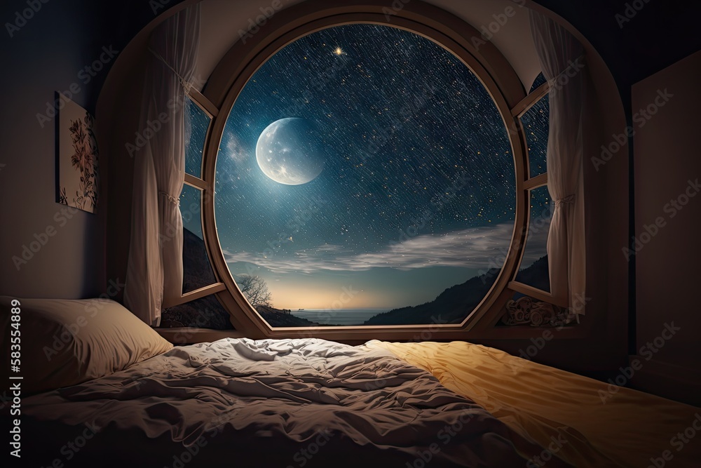 bedroom, with view of the night sky and stars, with moon shining ...