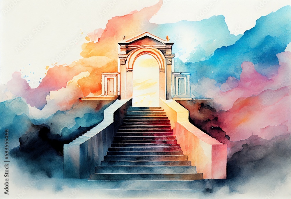 Watercolor Illustration of a Stairway To Heaven, Gates Of Heaven ...