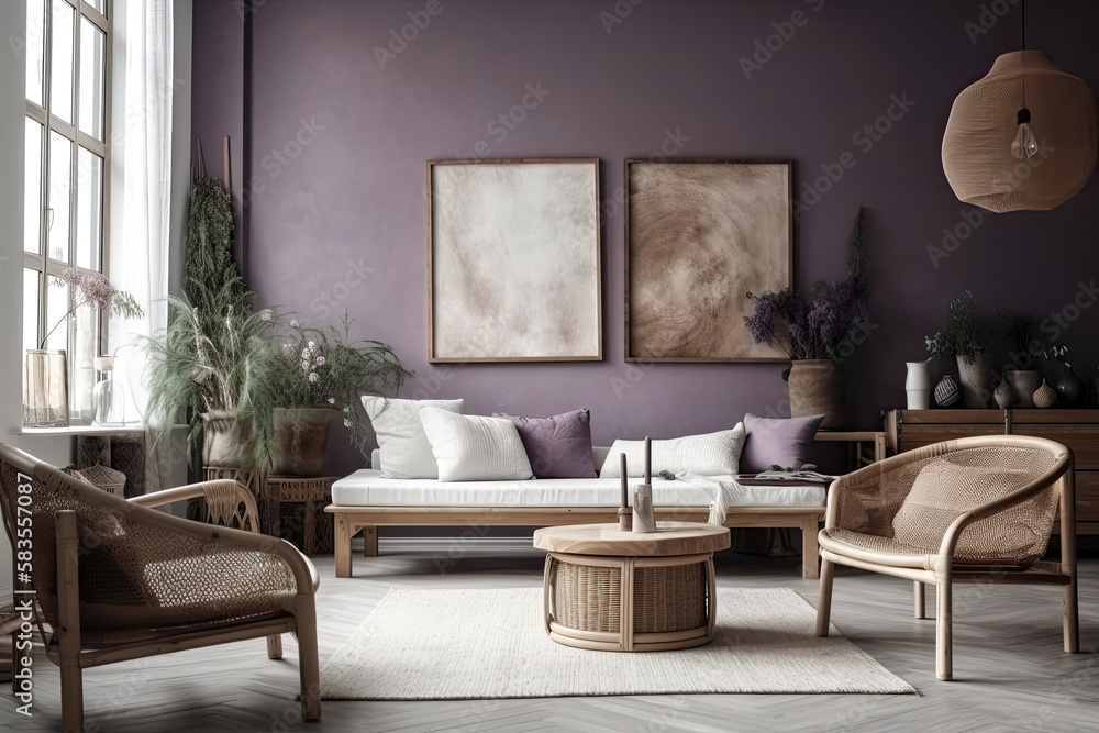 White and purple colors dominate this Japandi timber living room ...