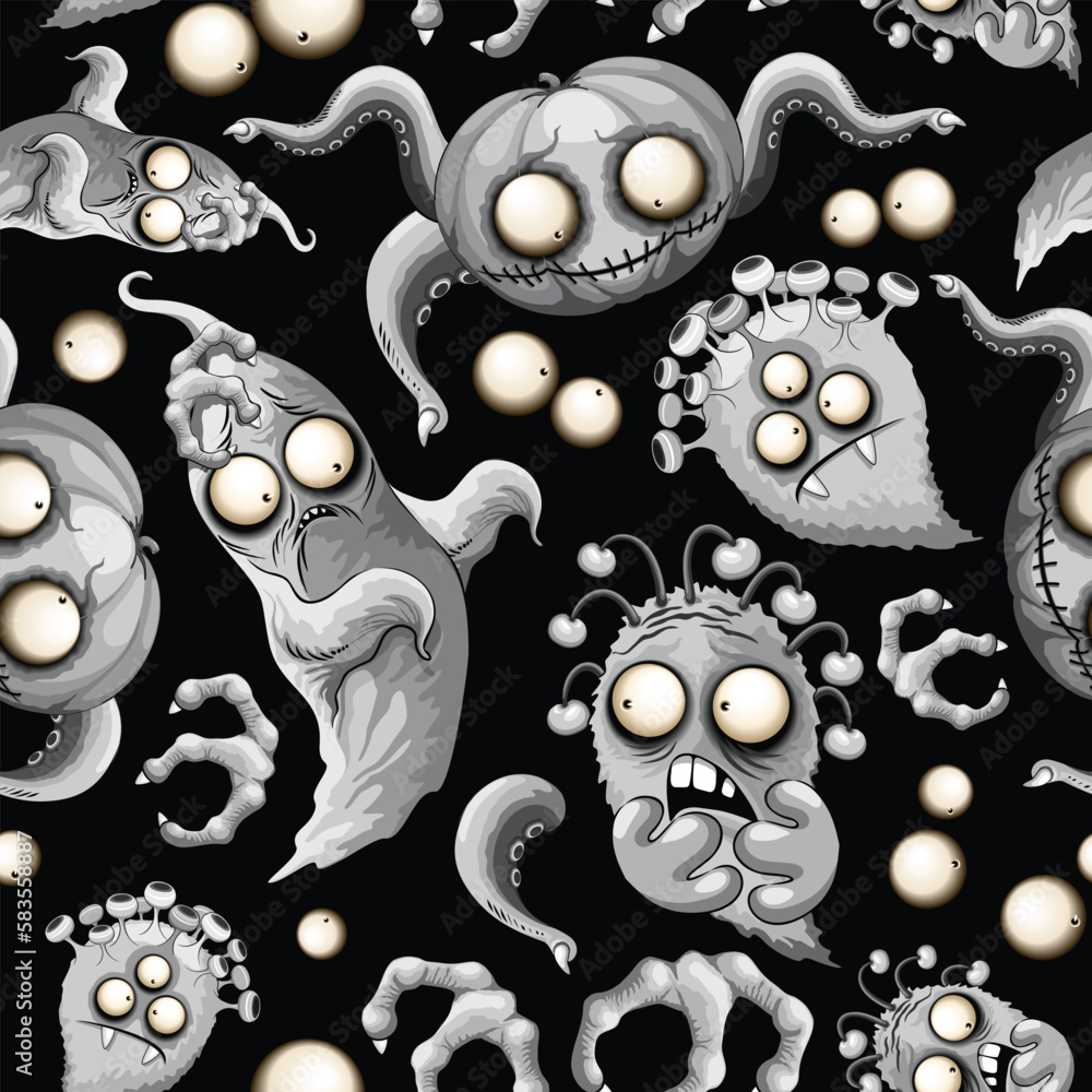 Digital render of a pattern of gray creepy cute monsters on a dark ...