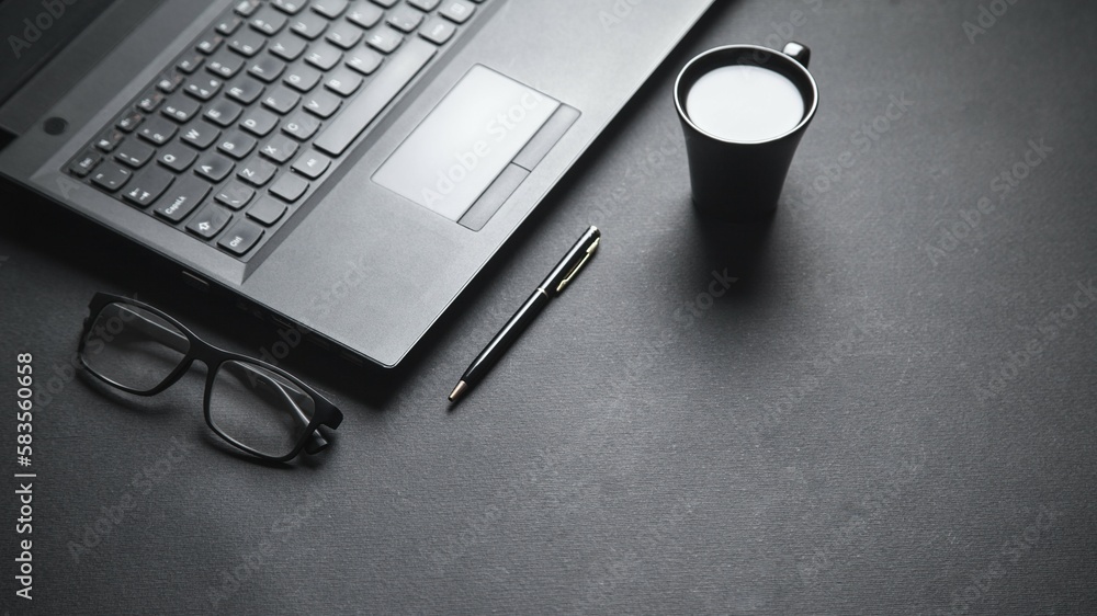 Full HD wallpaper of a laptop and a black cup of coffee. Stock Photo ...
