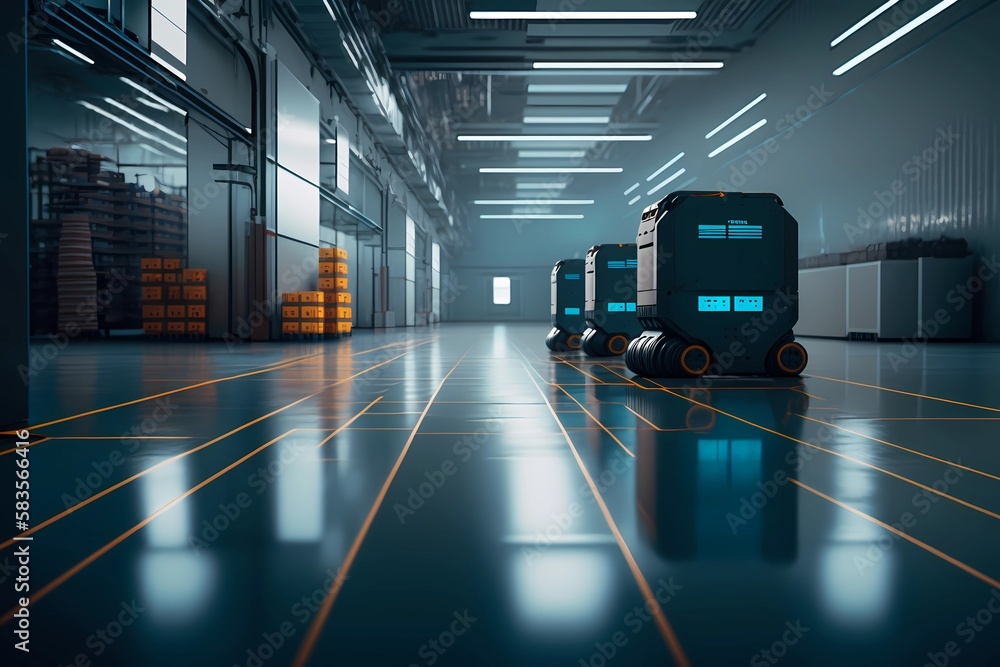Automated modern retail warehouse. Robotics transporting boxes of ...