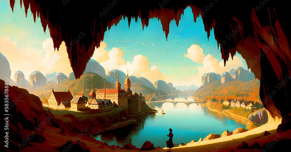 Landscape Adventure cave opening Dungeon Cavern painting mysterious den ...