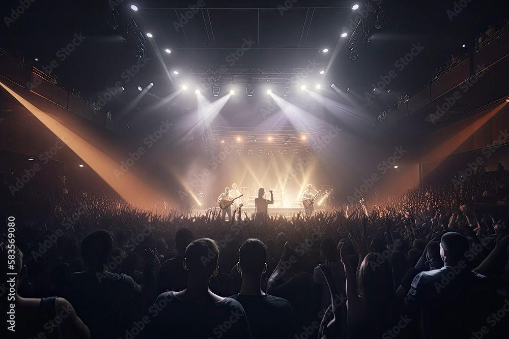 Future of crowded concert hall on stage with scene stage lights, rock ...
