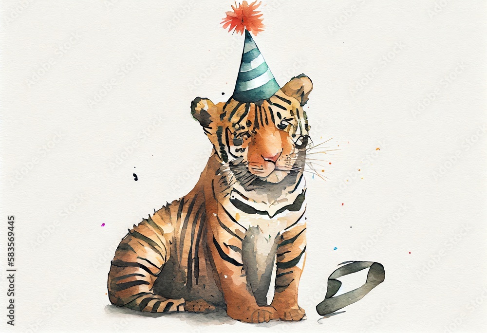 Watercolor Illustration of a Cute Cartoon Tiger In A Party Birthday Hat ...