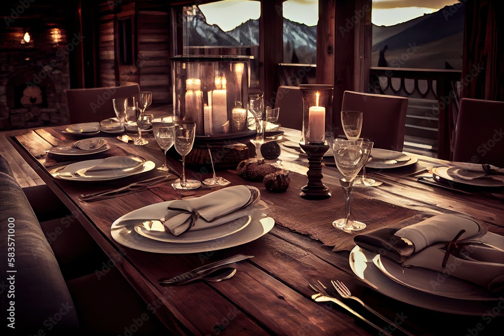 complete dinner service on big dining table on chalet, created with ...