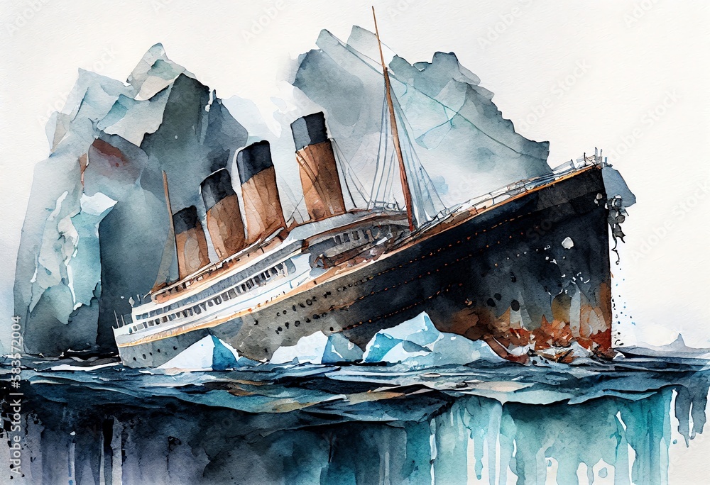 Watercolor Illustration of a Titanic Wreck As A Result Of A Collision ...