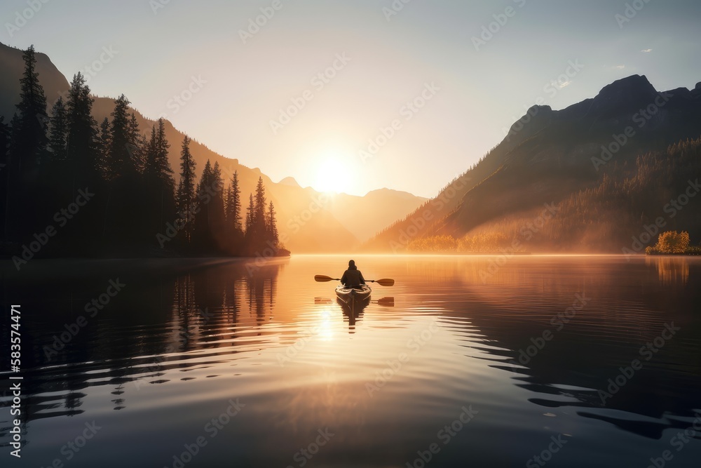 A man travelling in a kayak in a lake at sunrise in mountains is a ...