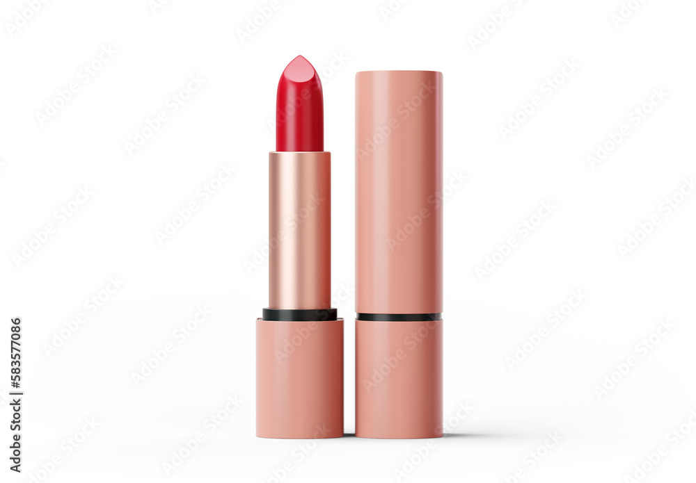 Open and closed red lipstick in beige packaging. Isolated on a ...