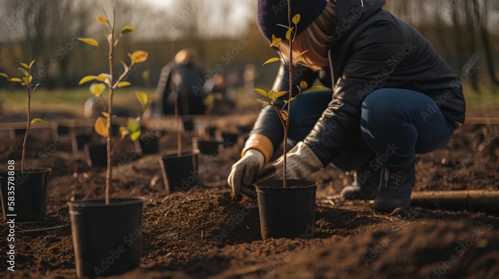 Person planting trees in a community garden, showcasing the spirit of ...