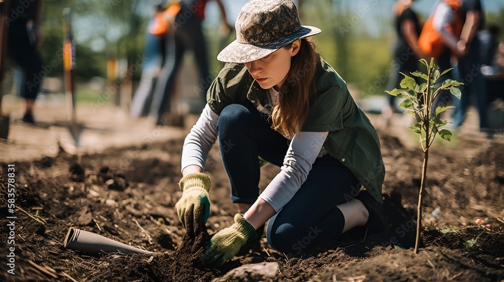 Person planting trees in a community garden, showcasing the spirit of ...