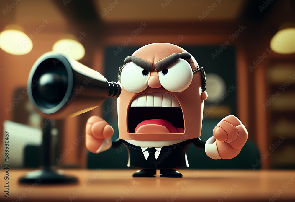 Cartoon character judge with a judge gavel in courtroom. Angry cartoon ...