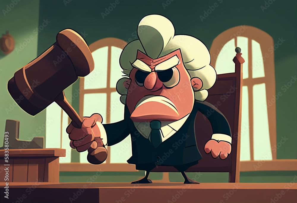Cartoon character judge with a judge gavel in courtroom. Angry cartoon ...