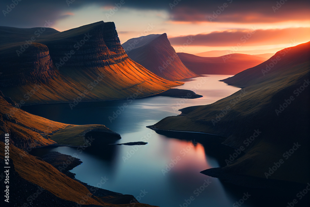 Faroe Islands at dawn. North Atlantic islands of the Kingdom of Denmark ...