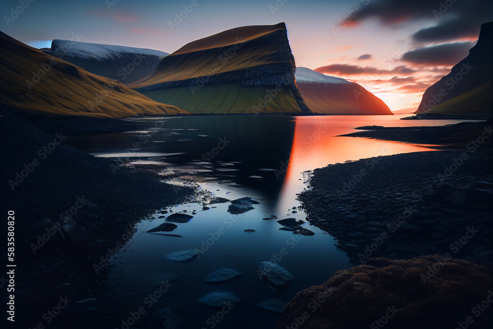 Faroe Islands at dawn. North Atlantic islands of the Kingdom of Denmark ...