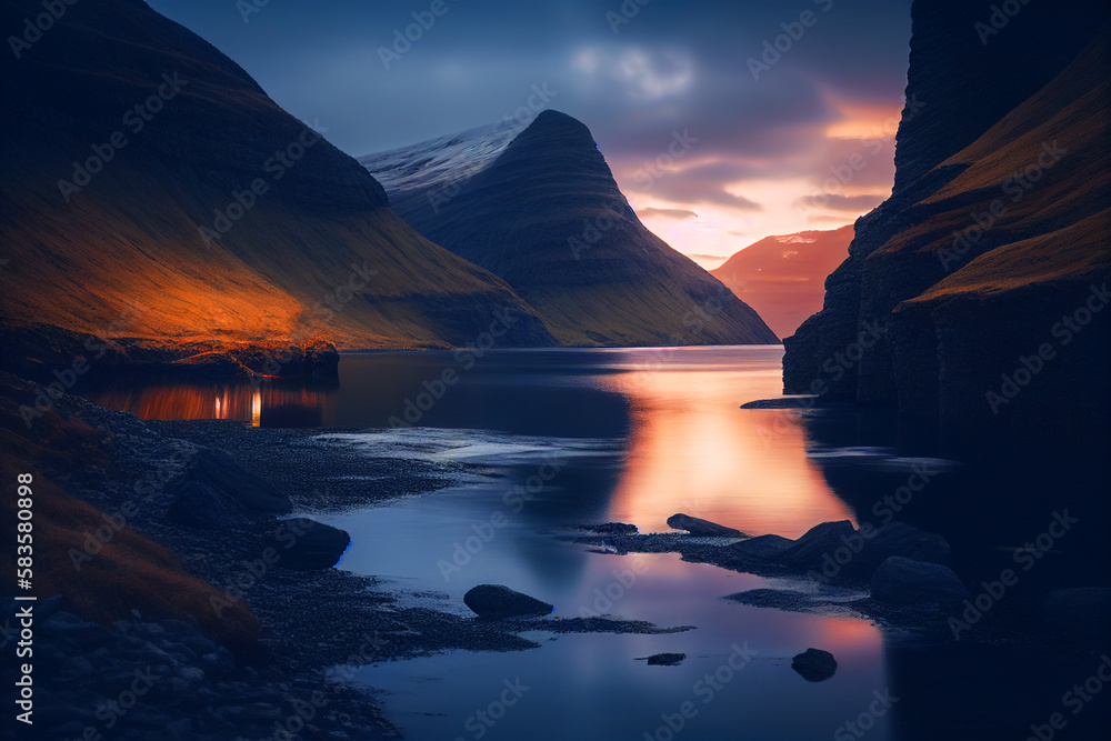 Faroe Islands at dawn. North Atlantic islands of the Kingdom of Denmark ...