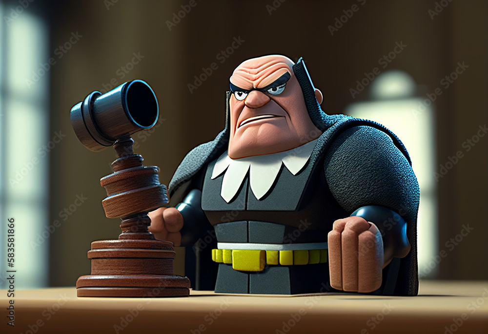 Cartoon character judge with a judge gavel in courtroom. Angry cartoon ...