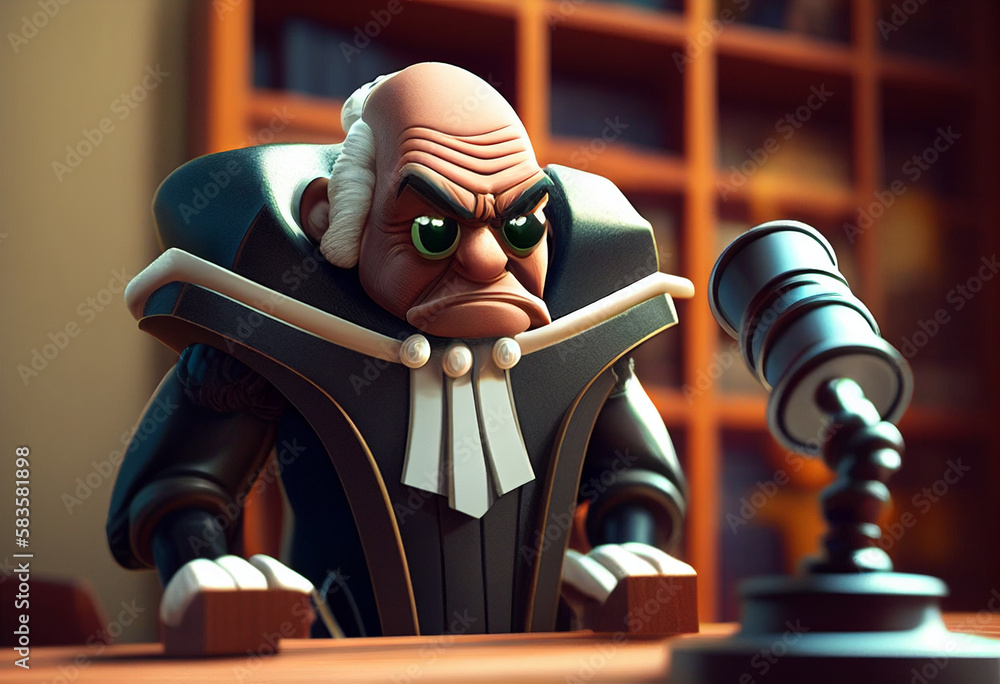 Cartoon character judge with a judge gavel in courtroom. Angry cartoon ...