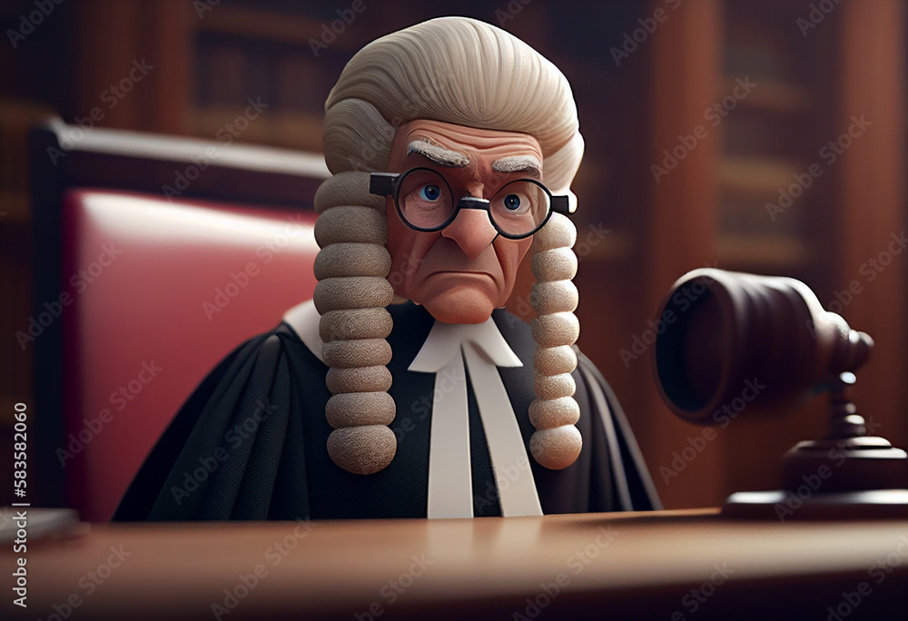 Cartoon character judge with a judge gavel in courtroom. Angry cartoon ...