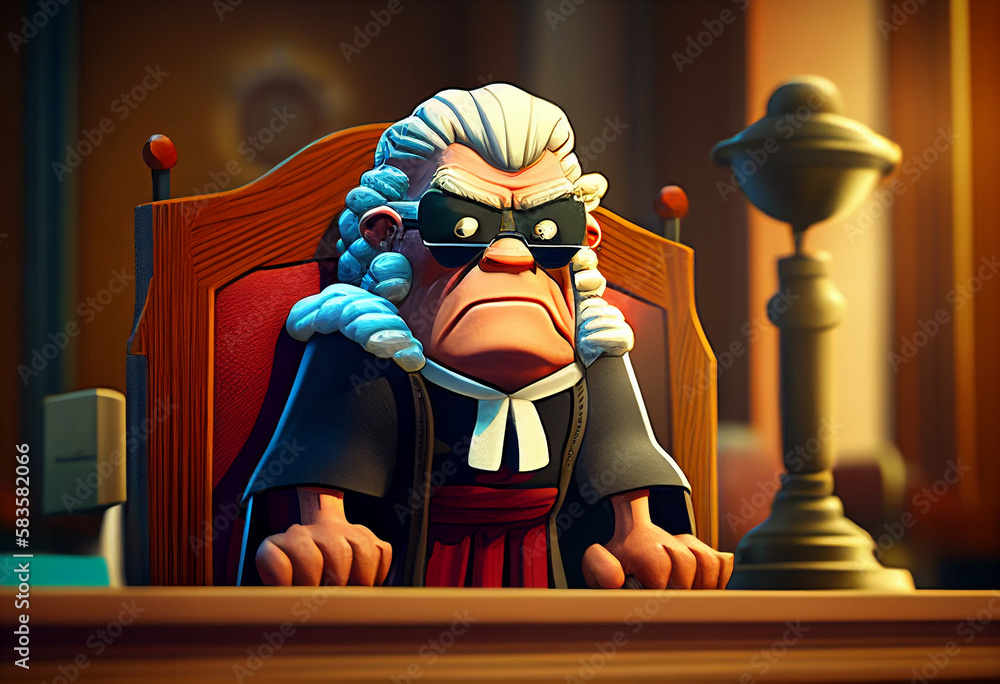 Cartoon character judge with a judge gavel in courtroom. Angry cartoon ...