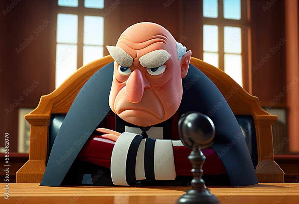 Cartoon character judge with a judge gavel in courtroom. Angry cartoon ...