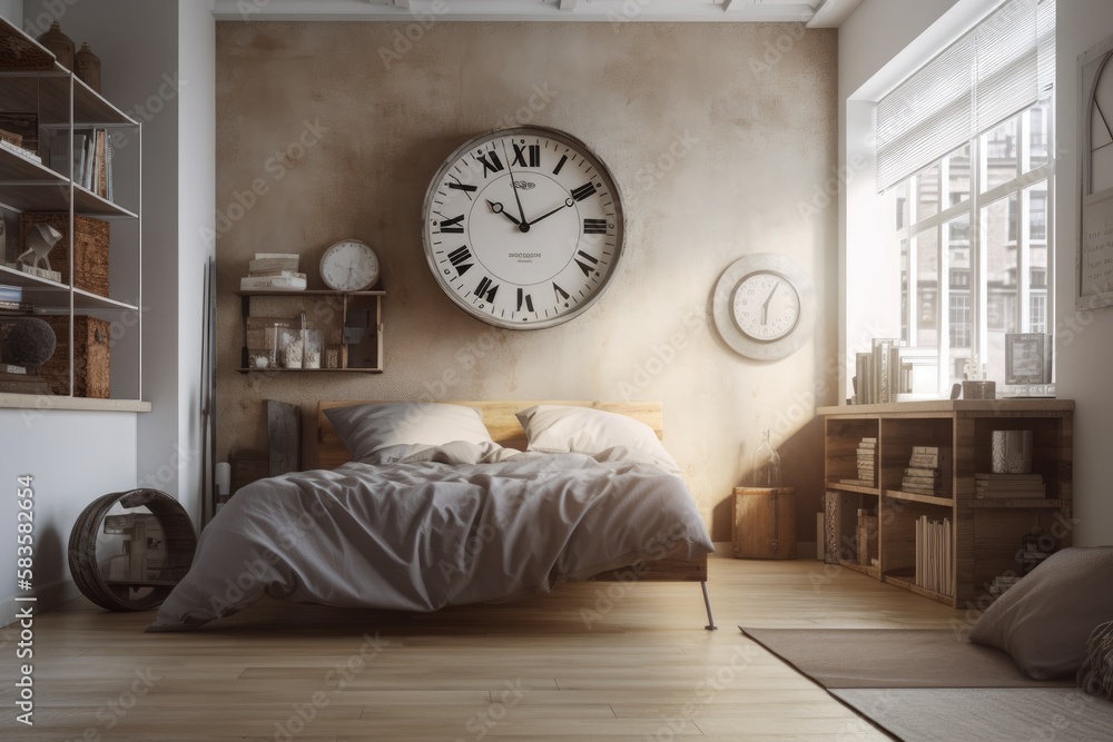 Large clock embedded in a white wall fragment in the teenager's bedroom ...