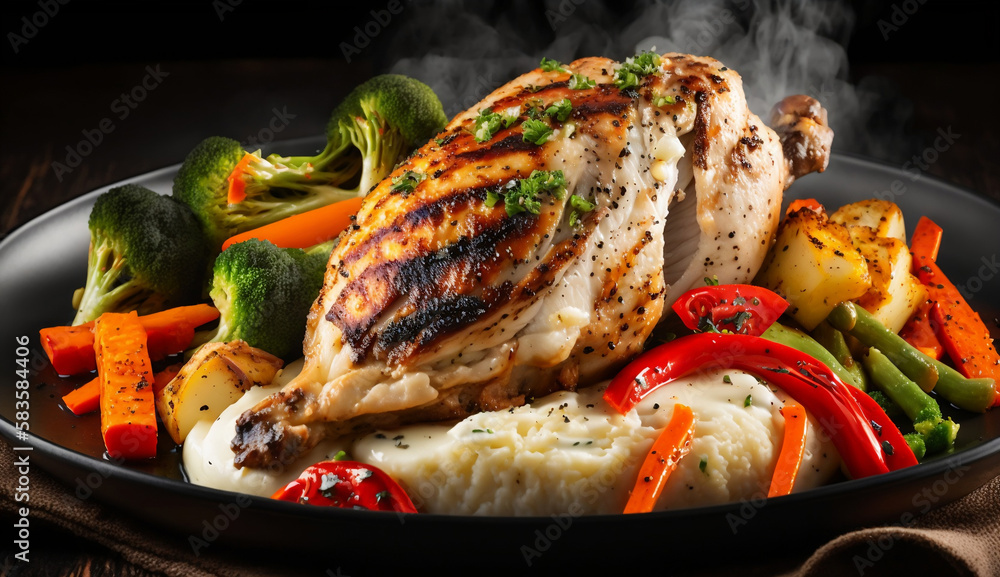 Delicioso plato de pollo perfectamente cocinado con puré de papas y ...