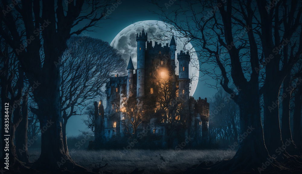 Castillo gótico medieval en el medio de un bosque ancestral bajo la ...
