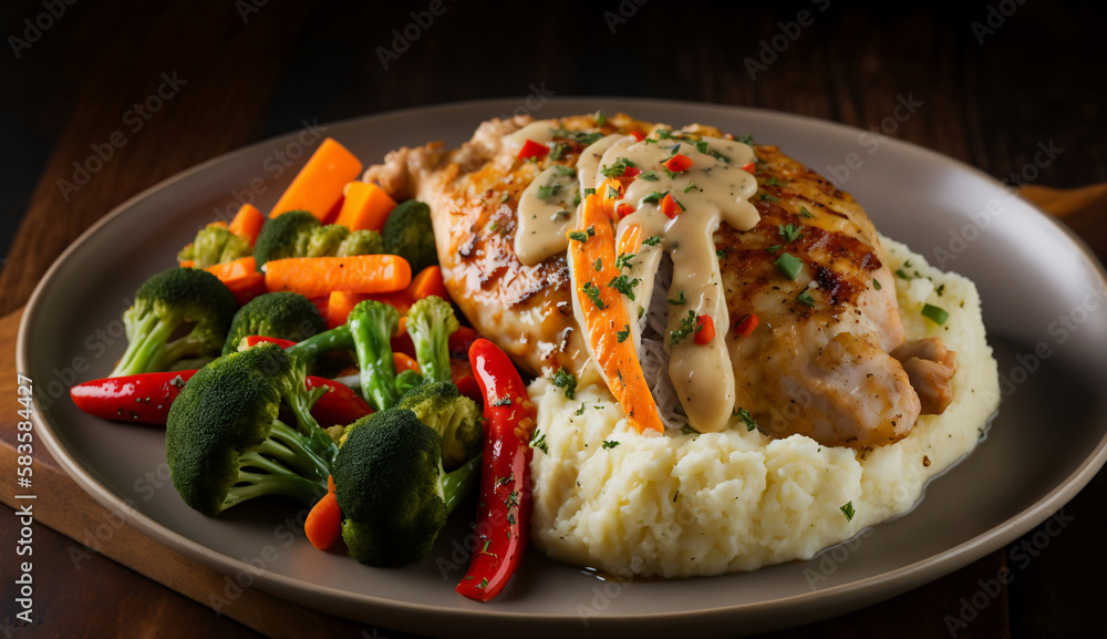 Delicioso plato de pollo perfectamente cocinado con puré de papas y ...
