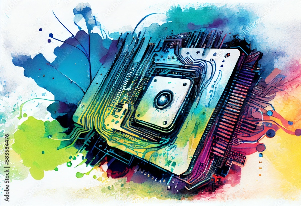 Watercolor Illustration of a Technology Background. Central Computer ...