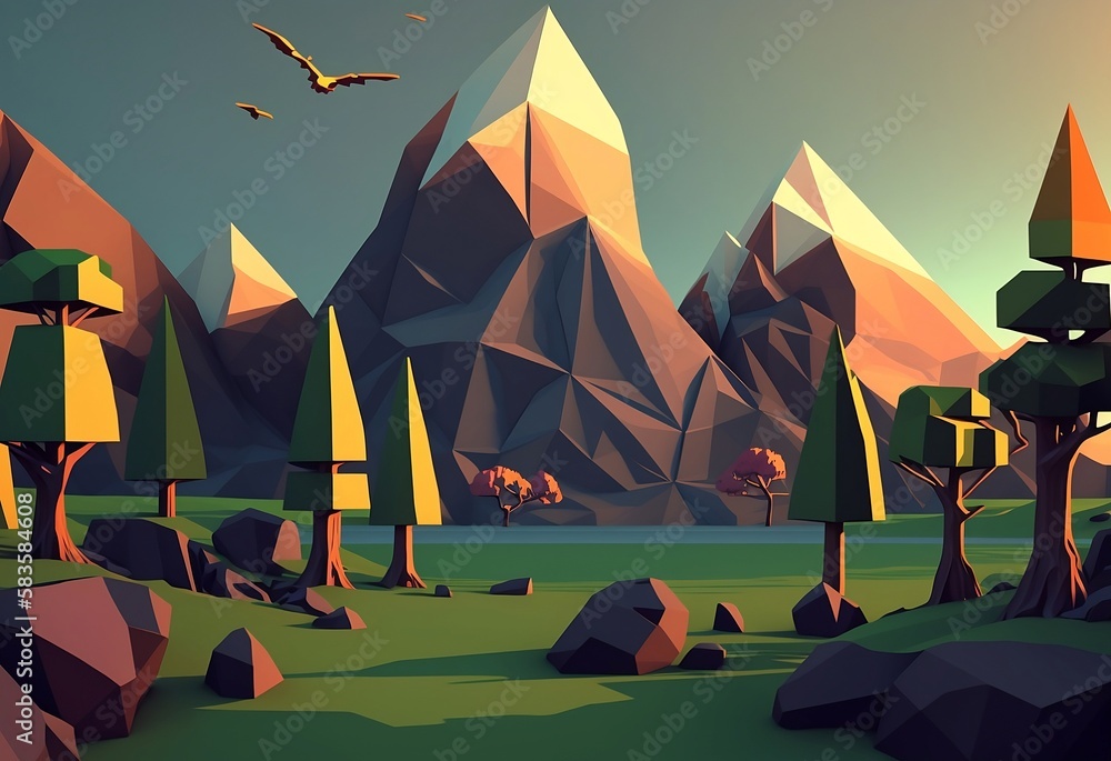 Generative ai. A digital painting of a landscape with mountains and ...