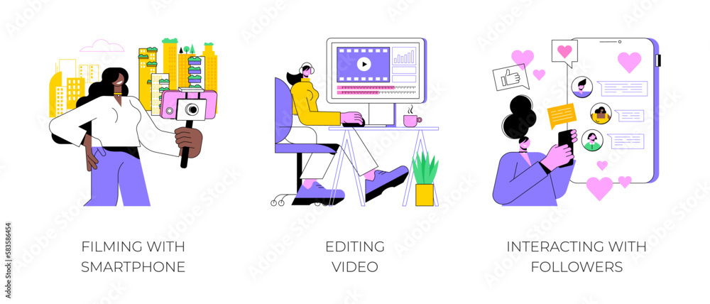 Vlogging isolated cartoon vector illustrations set. Filming content ...