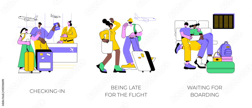 Traveling by plane isolated cartoon vector illustrations set. Smiling ...
