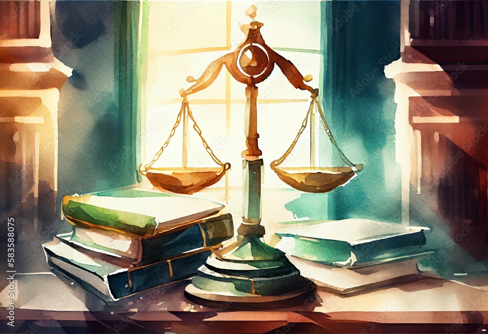 Watercolor Illustration of a Scales Of Justice In Library. Law Concept ...