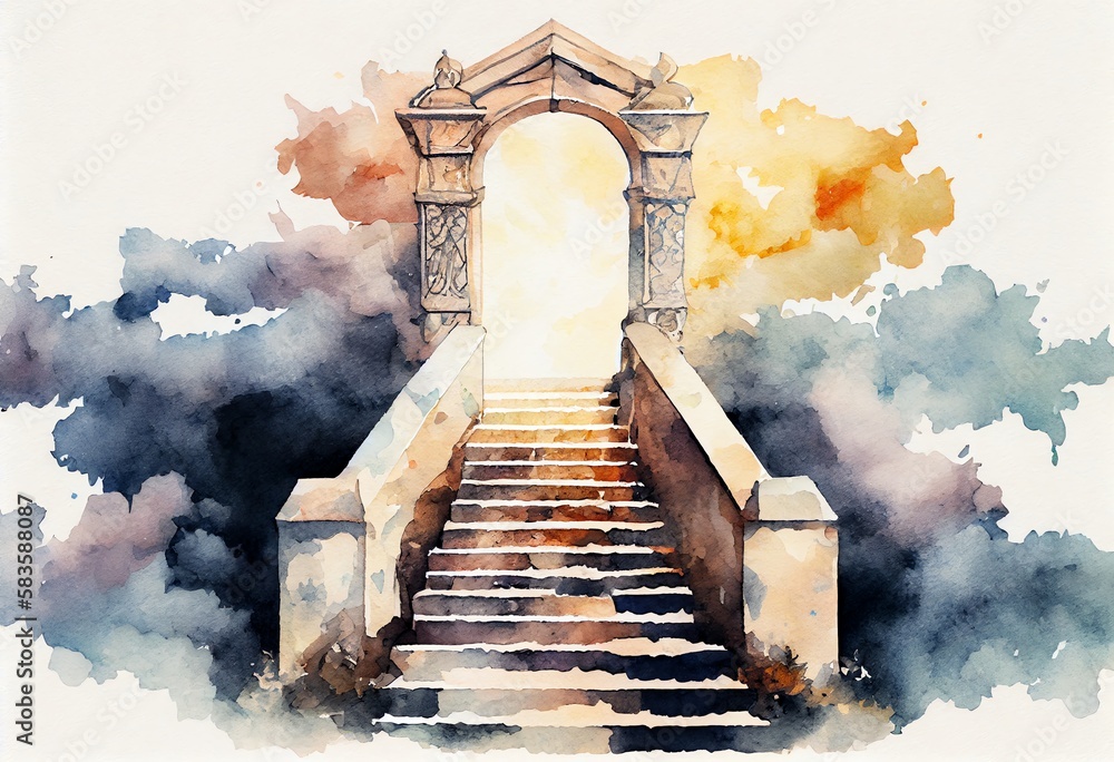 Watercolor Illustration of a Stairway To Heaven, Gates Of Heaven ...