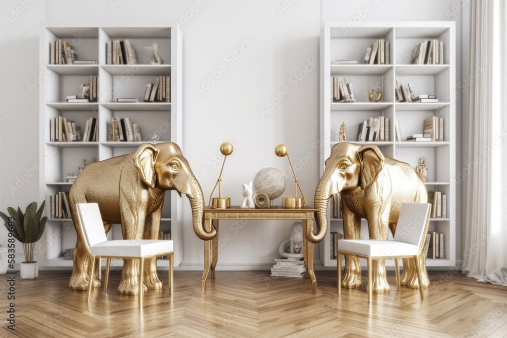 Interior of a modern living room. two golden elephants pose on a ...