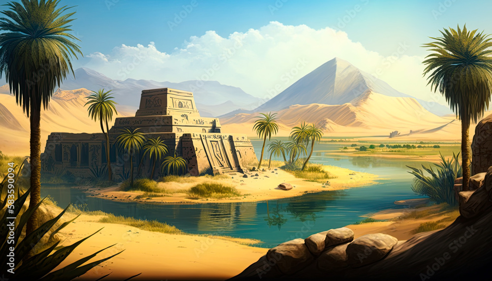 Ancient Egypt desert landscape with pyramids and architecture in the river Nile valley ...