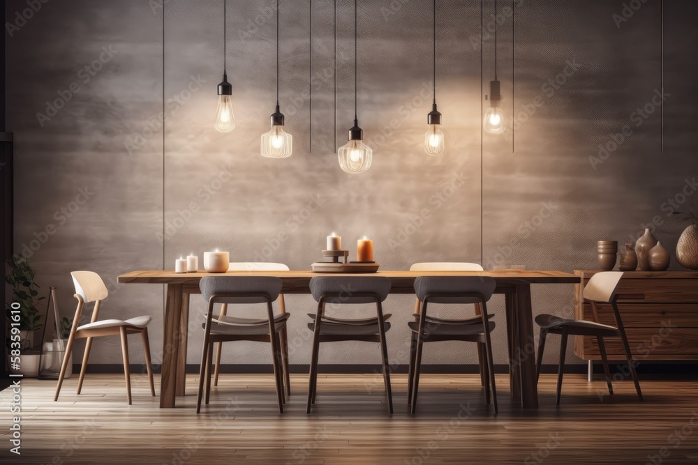 Interior of a dining room with a sizable table, original shape chairs ...