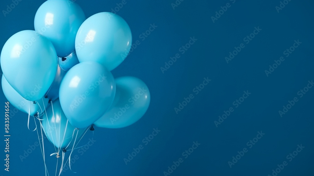 Blue helium balloons on blue background with copy space. Room ...