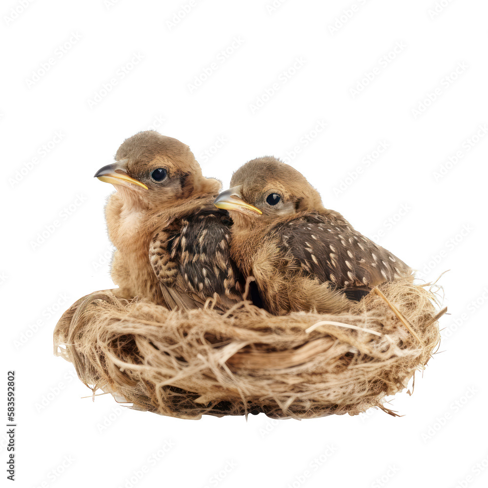 bird nest with two baby birds , isolated on transparent background ...