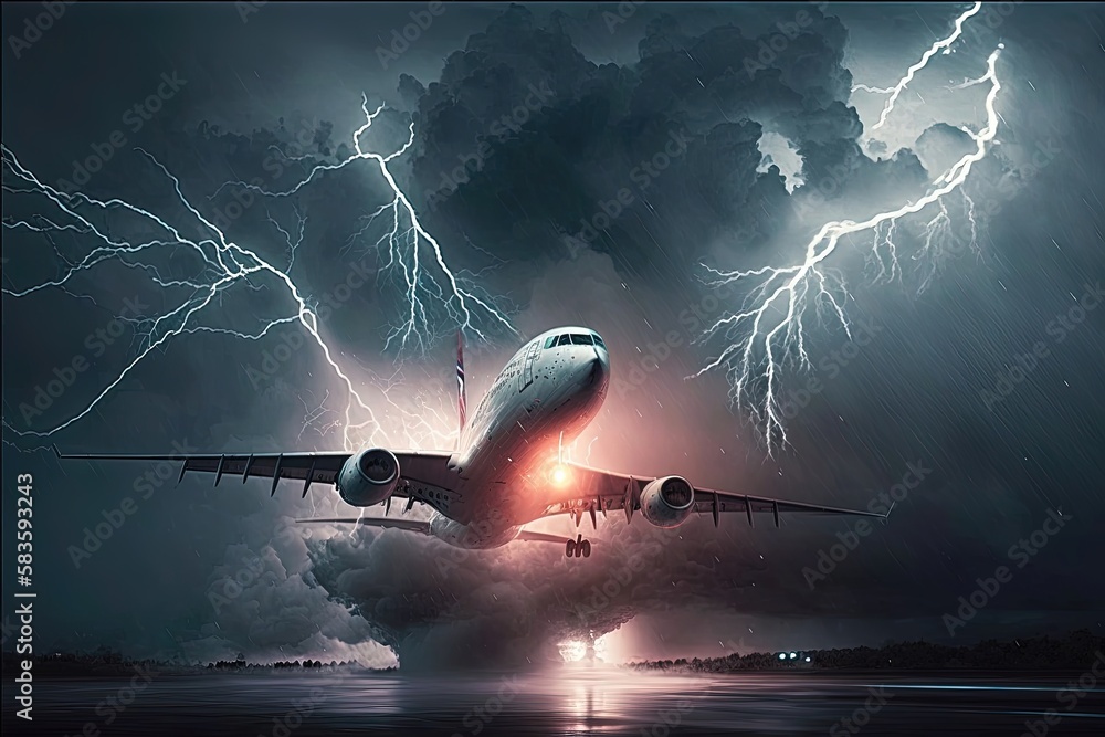 Intense and dramatic scene of airplane flying through stormy sky with ...