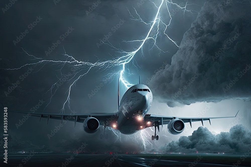 Intense and dramatic scene of airplane flying through stormy sky with ...