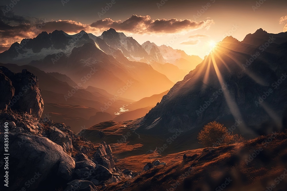 The sun rising over a mountain range, casting long shadows and ...