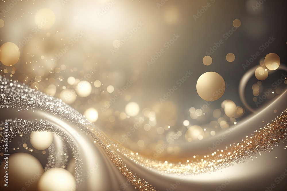 This background features a gradient of silver and gold shimmering particles, creating a dreamy ...