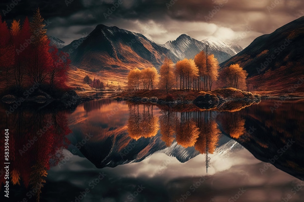 An island with yellow trees is a stunning landscape where vibrant ...