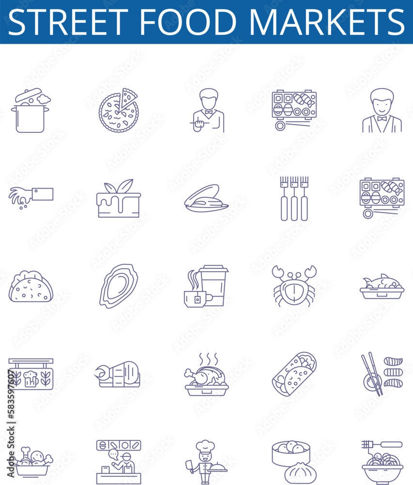 Vetor de Street food markets line icons signs set. Design collection of ...