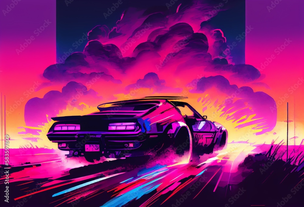 ภาพประกอบสต็อก Watercolor Illustration of a Driving In The Night ...